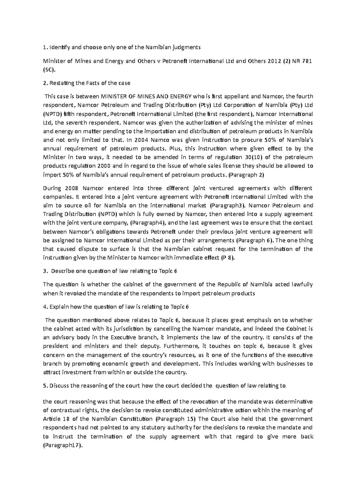 Constitutional Law Workshop Topic 6: Namibian Case Analysis - Studocu