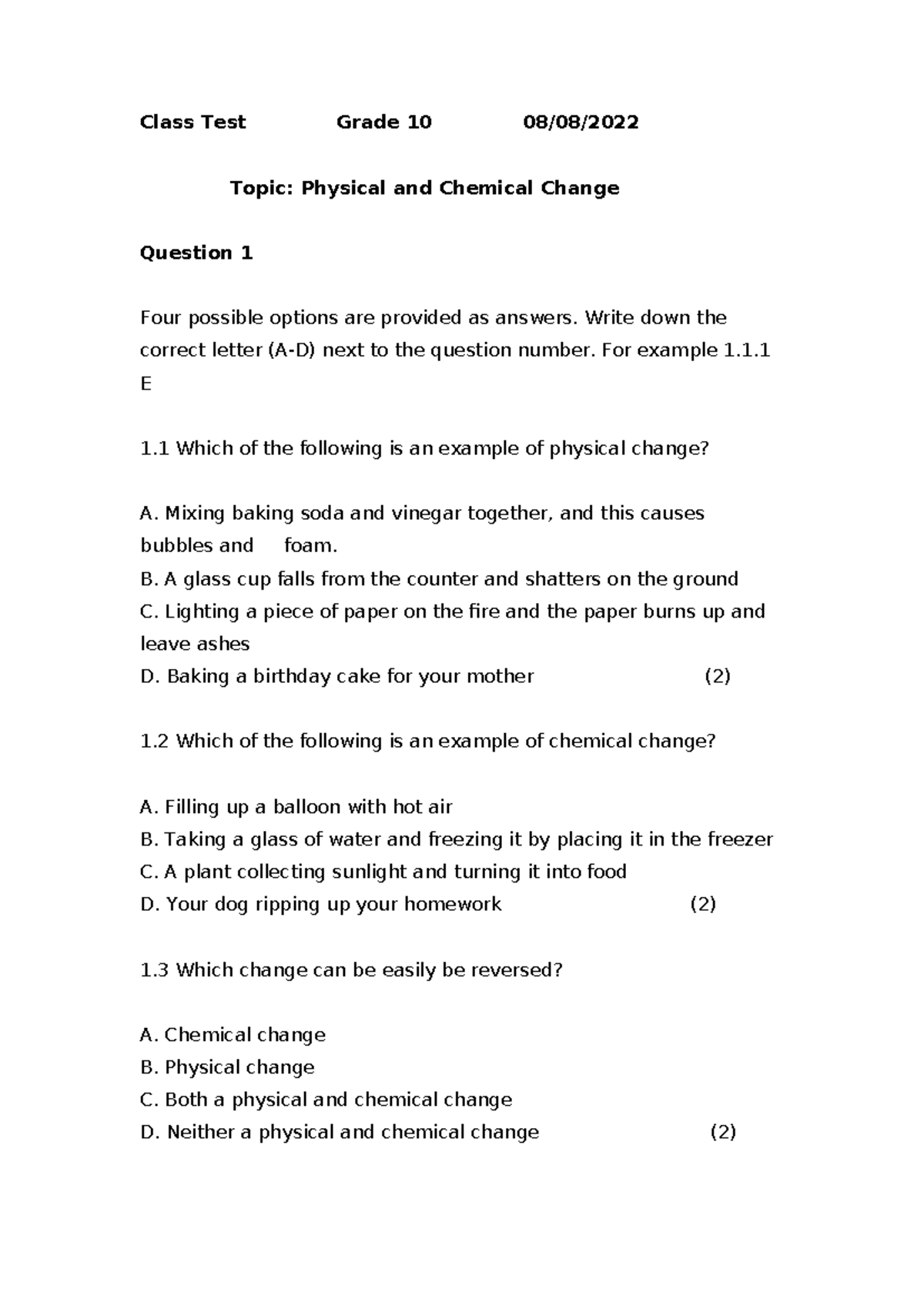 Class Test Grade 10: Physical & Chemical Changes Notes - Studocu