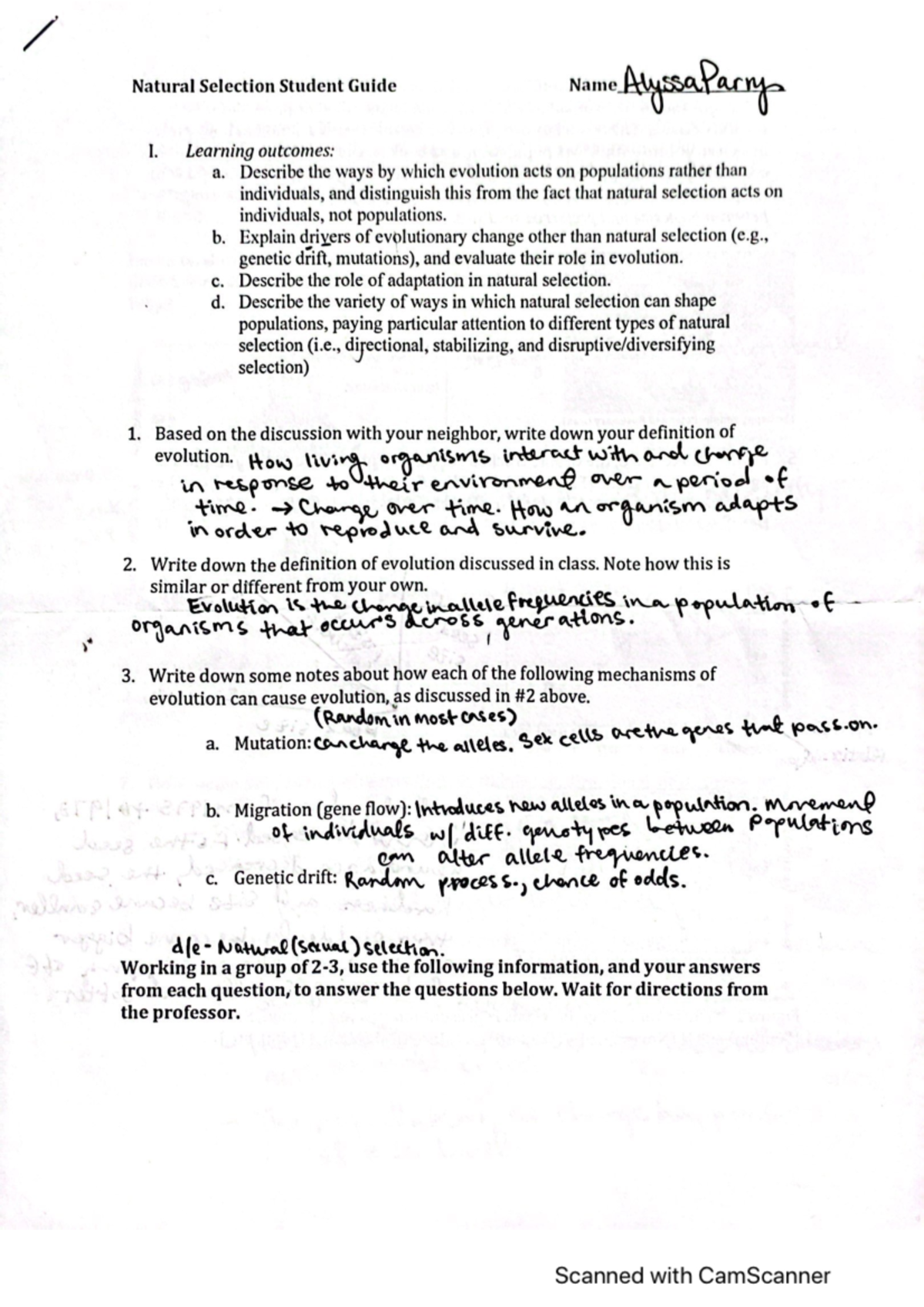 Natural Selection - BIOL 113 - Studocu