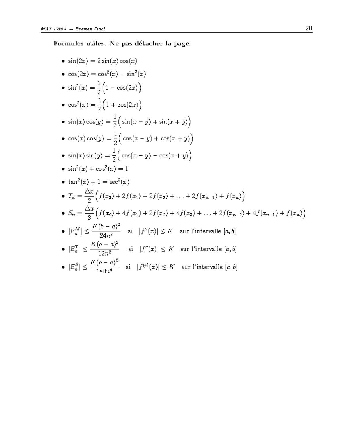MAT 1720A Examen Final - Feuille de Formules Utiles - Studocu