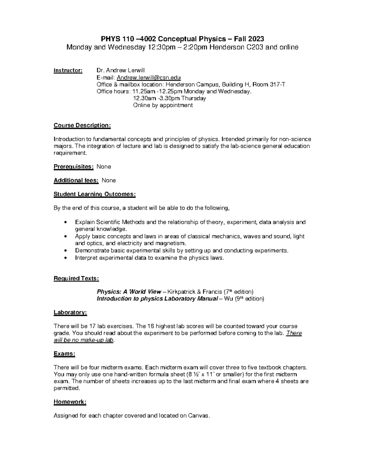 PHYS 110 - 4002 Conceptual Physics Syllabus - Fall 2023 - Studocu