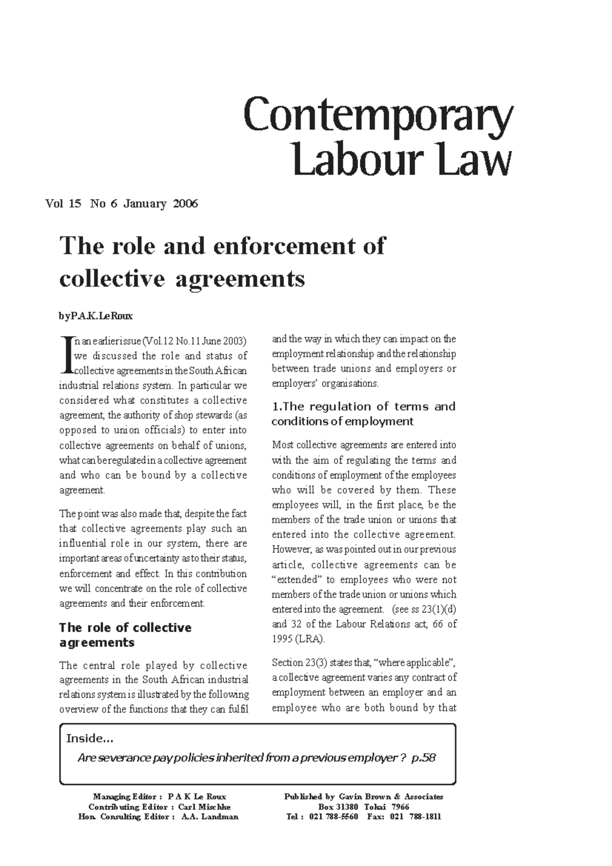 Contemporary Labour Law Vol 15 No 6: Collective Agreements ...