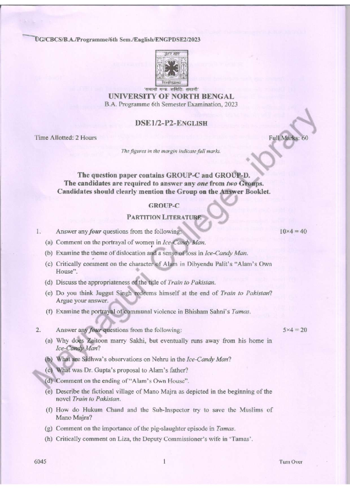 B.A. English 6th Sem Exam 2023: DSE1/2 - Partition Literature Analysis ...