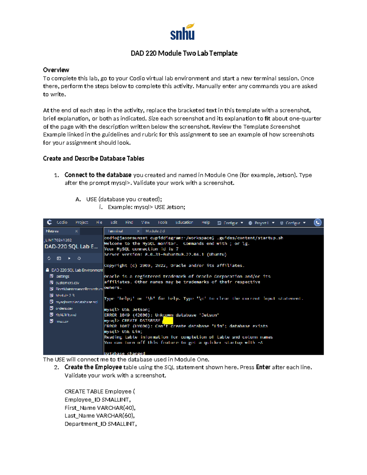DAD 220 Module Two Lab: Creating and Managing Database Tables - Studocu