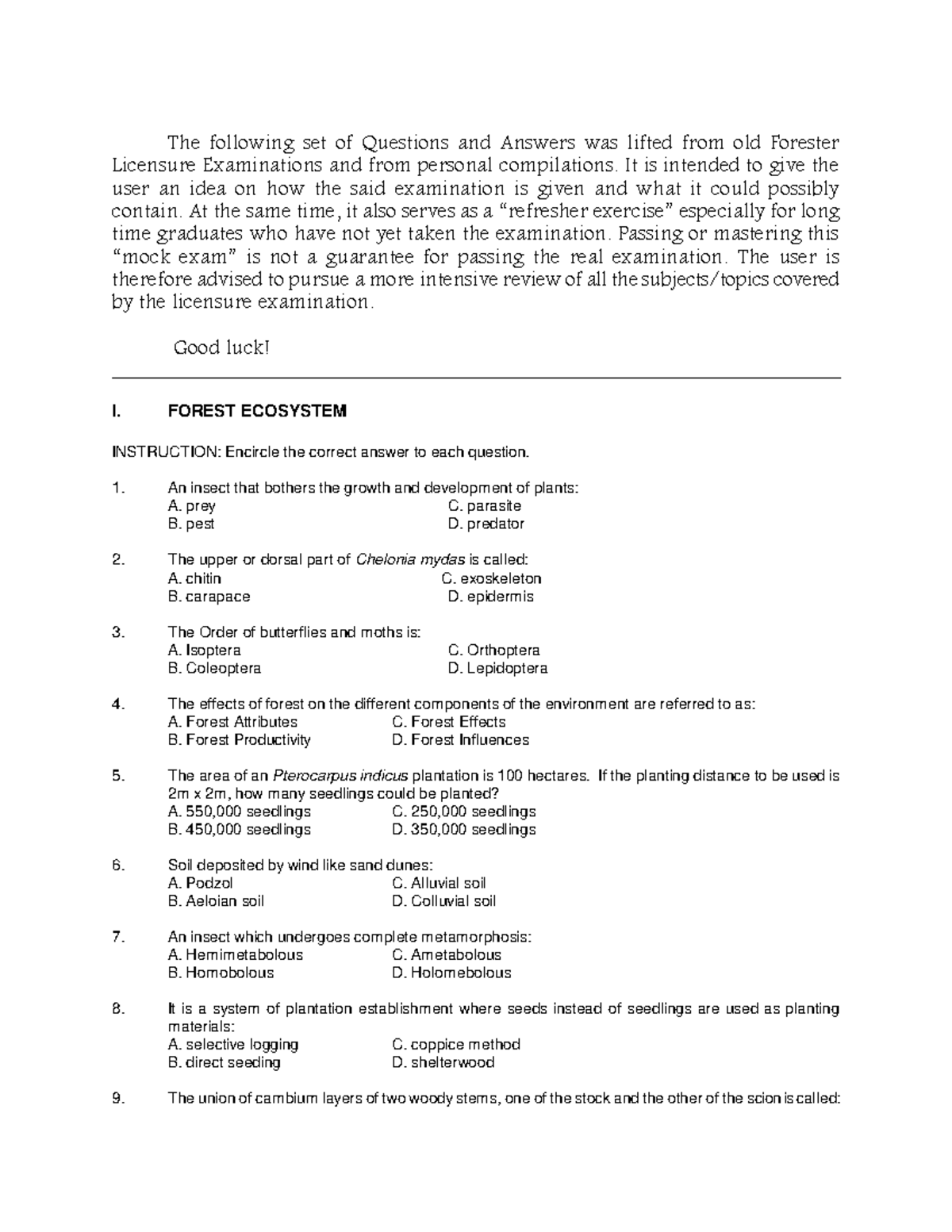 Forestry Licensure Exam Mock Review and Questions Guide - Studocu
