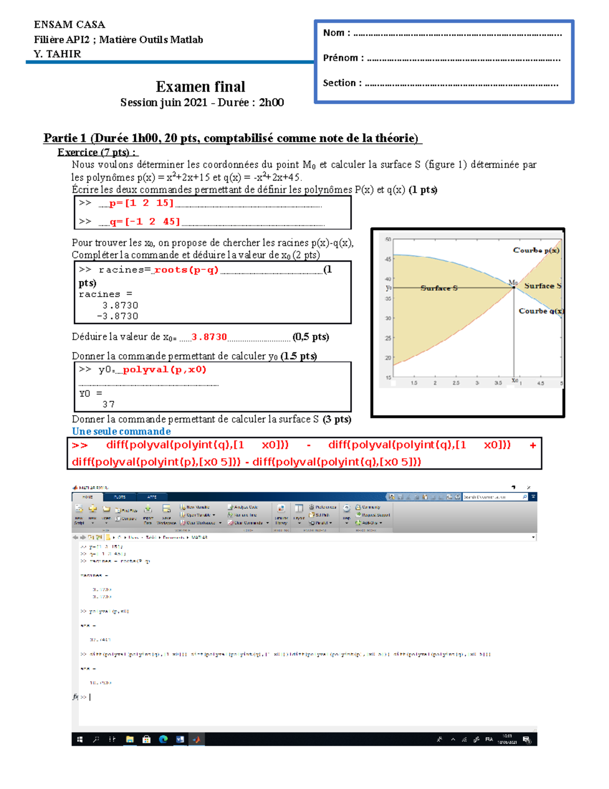 Matlab Examen Final 2021 - Outils de Calcul et Programmation - Studocu