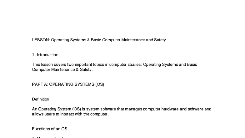 LESSON: OS Basics & Computer Maintenance Safety Overview - Studocu