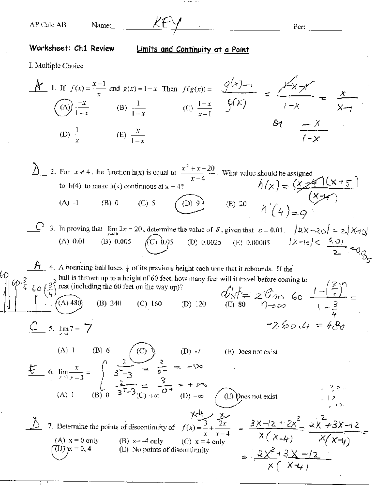 AP Calc AB Ch1 Worksheet Key: Review on Limits & Continuity - Studocu