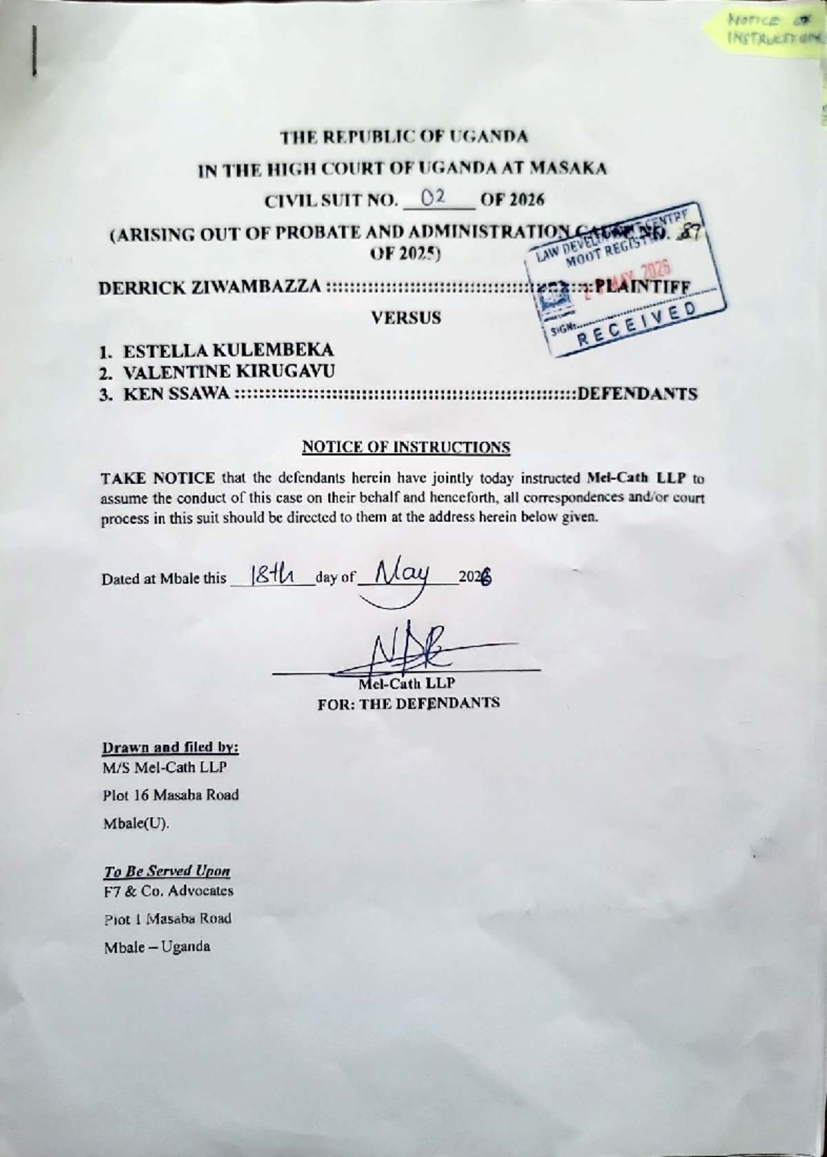Defendants' Pleadings in Civil Suit No. 02 of 2026: High Court Uganda ...