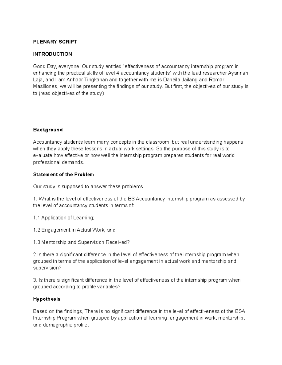 BSA 4 Internship Program Effectiveness: Plenary Script Presentation ...