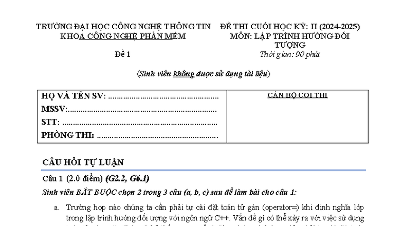 Đề Thi Cuối Học Kỳ II: Lập Trình Hướng Đối Tượng - Môn MKKMK - Studocu