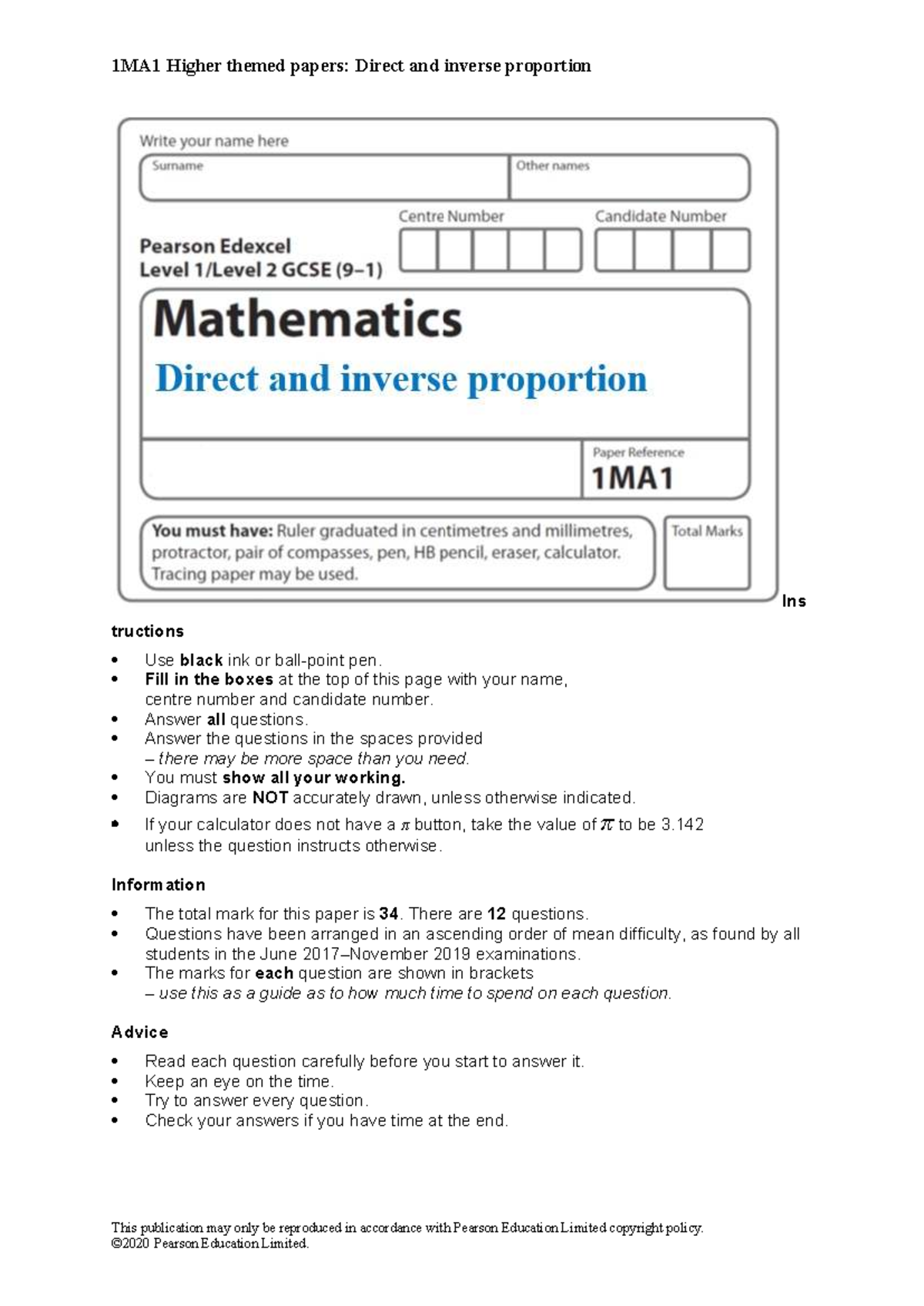 1MA1 Higher Direct and Inverse Proportion Question Paper - Studocu