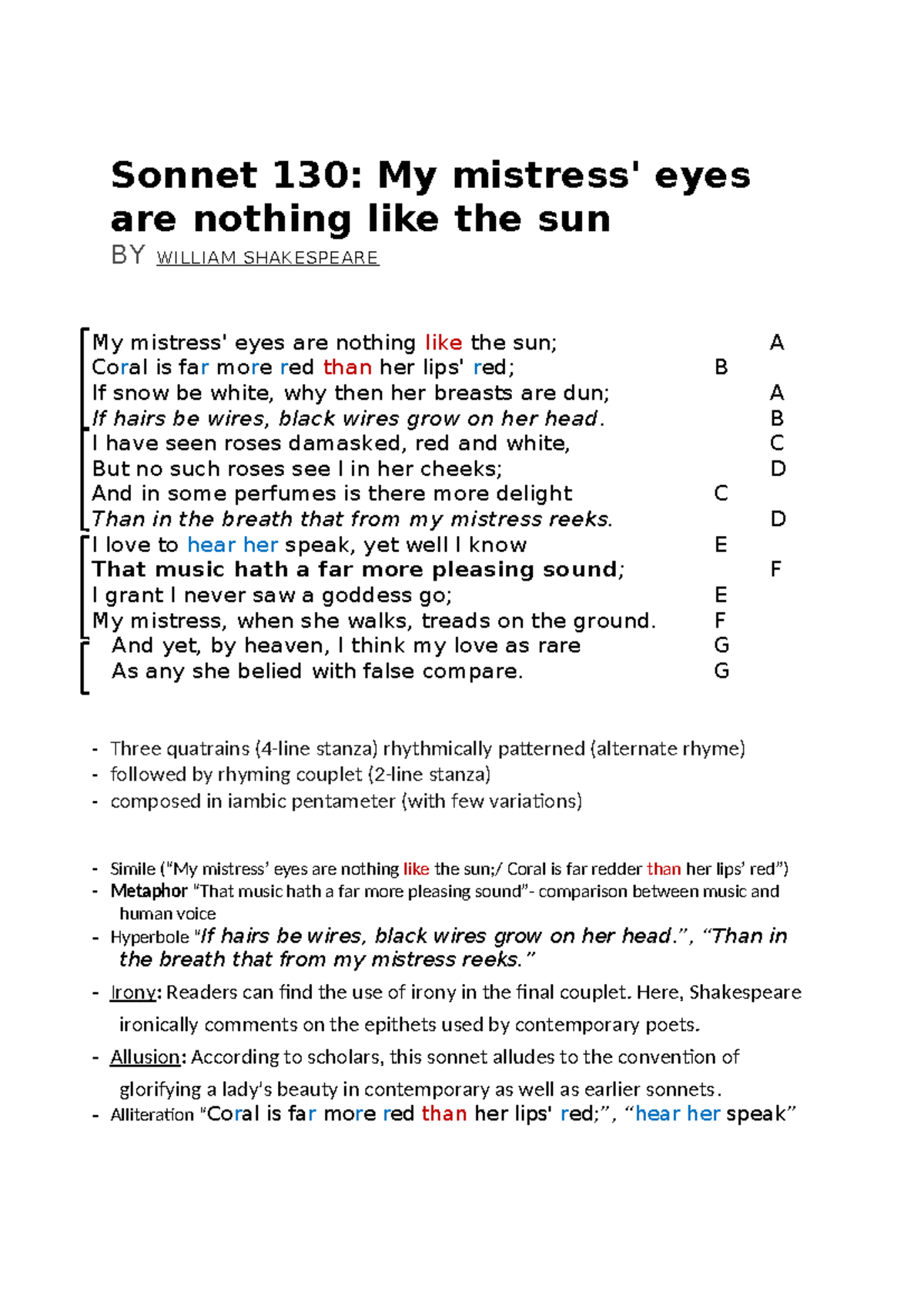 Shakespeare's Sonnet 130 Analysis and Literary Devices - Studocu