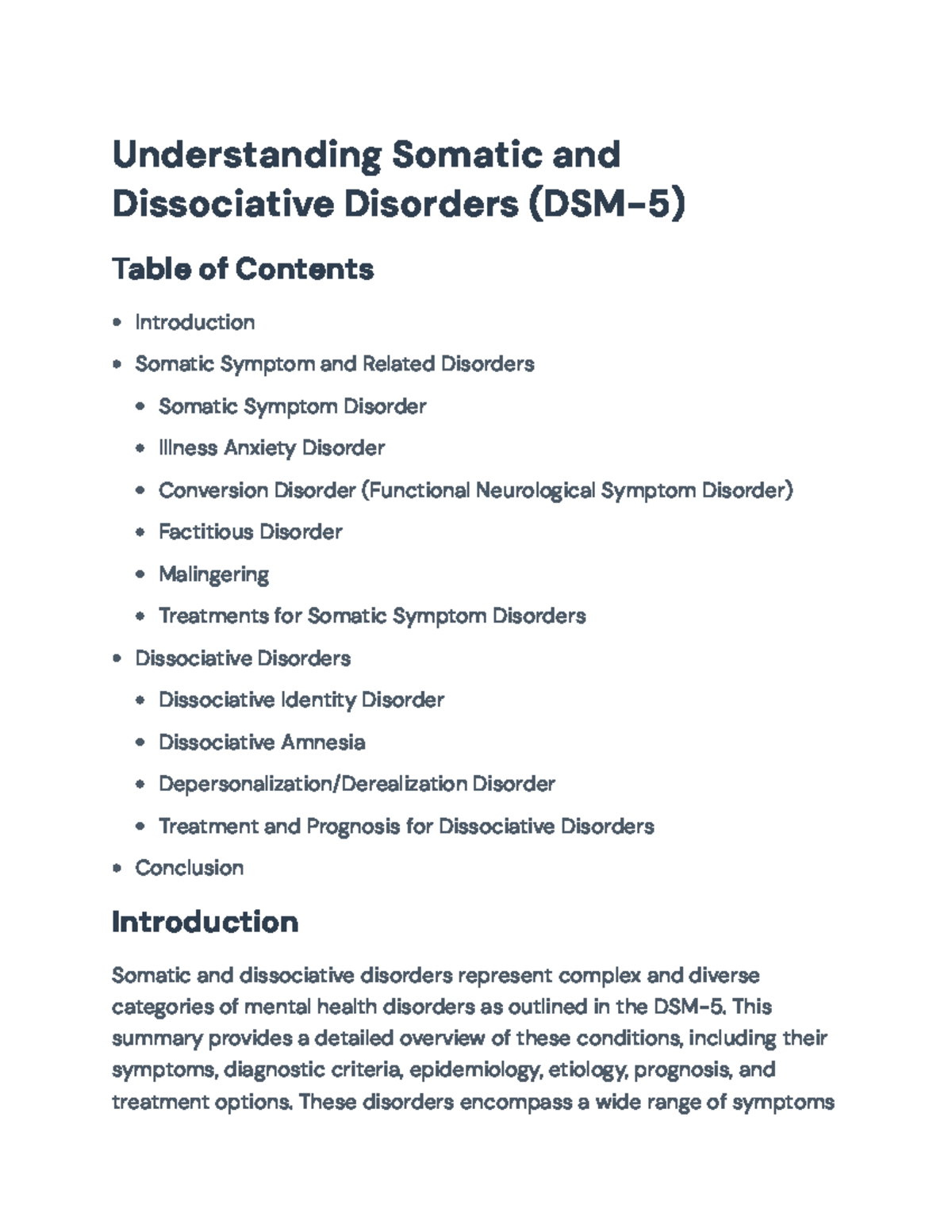 Somatic and Dissociative Disorders Overview (DSM-5) - Summary Notes ...