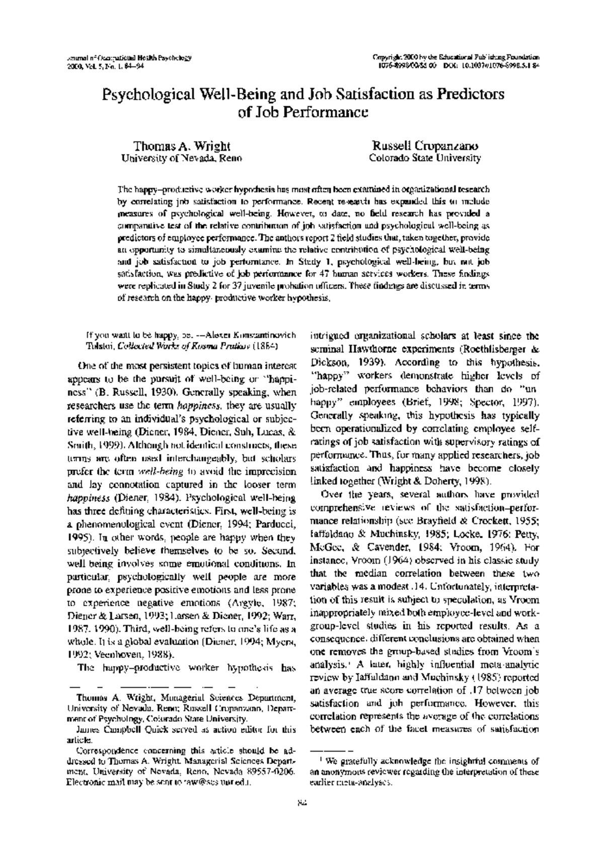 Psychological Wellbeing and Job Satisfaction as Predictors of Job ...