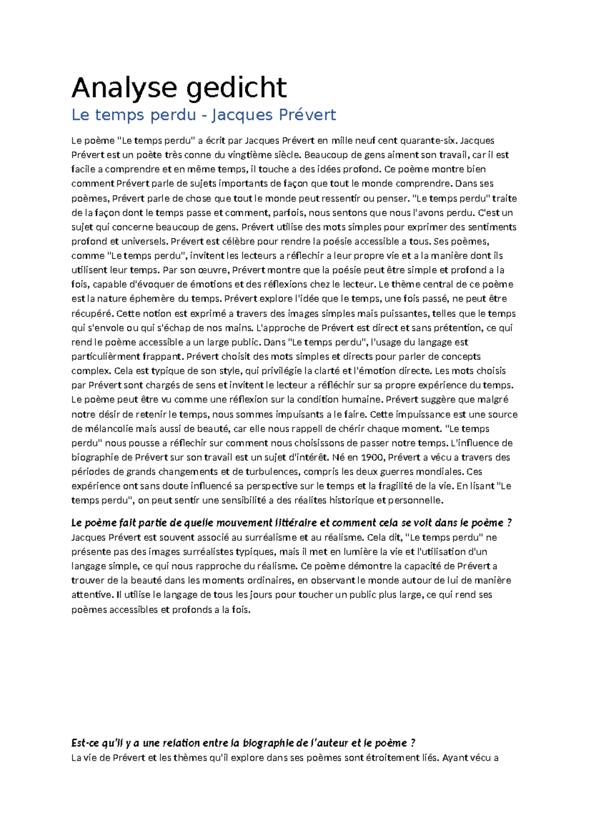 Analyse du poème "Le temps perdu" de Jacques Prévert - Studeersnel