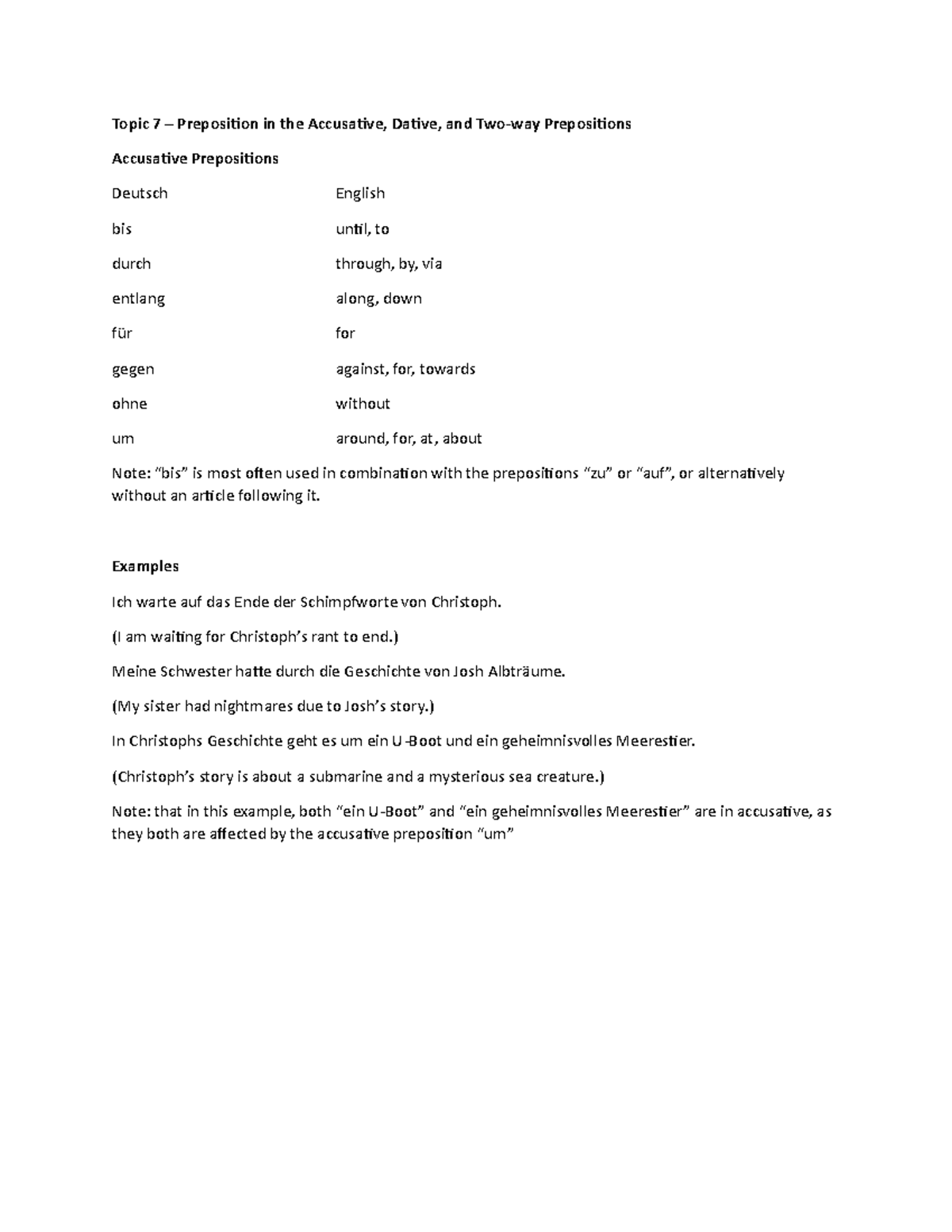 Topic 7: Accusative & Dative Prepositions in German - Studocu