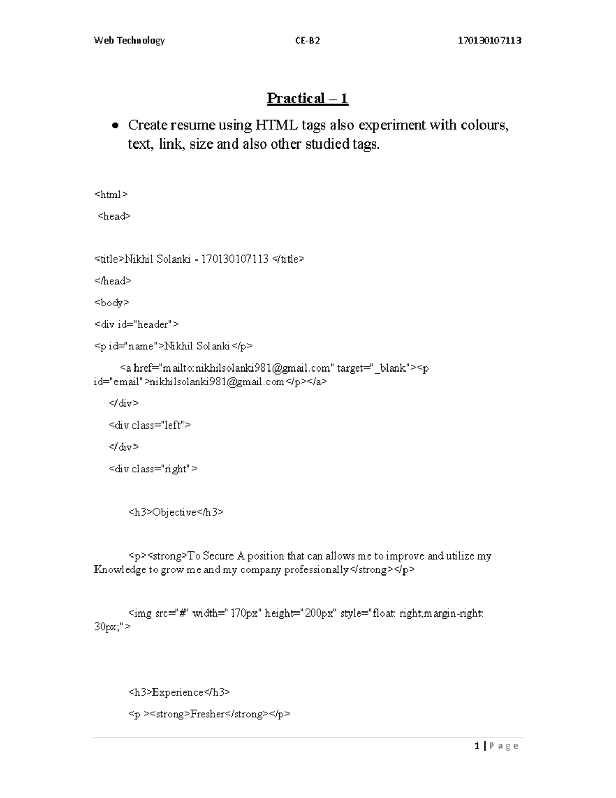 Wt 170130107113 - good notes - Practical – 1 Create resume using HTML ...