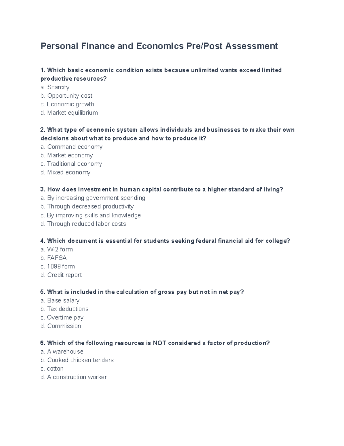 Personal Finance and Economics Pre Assessment (Assessment 1) - Studocu