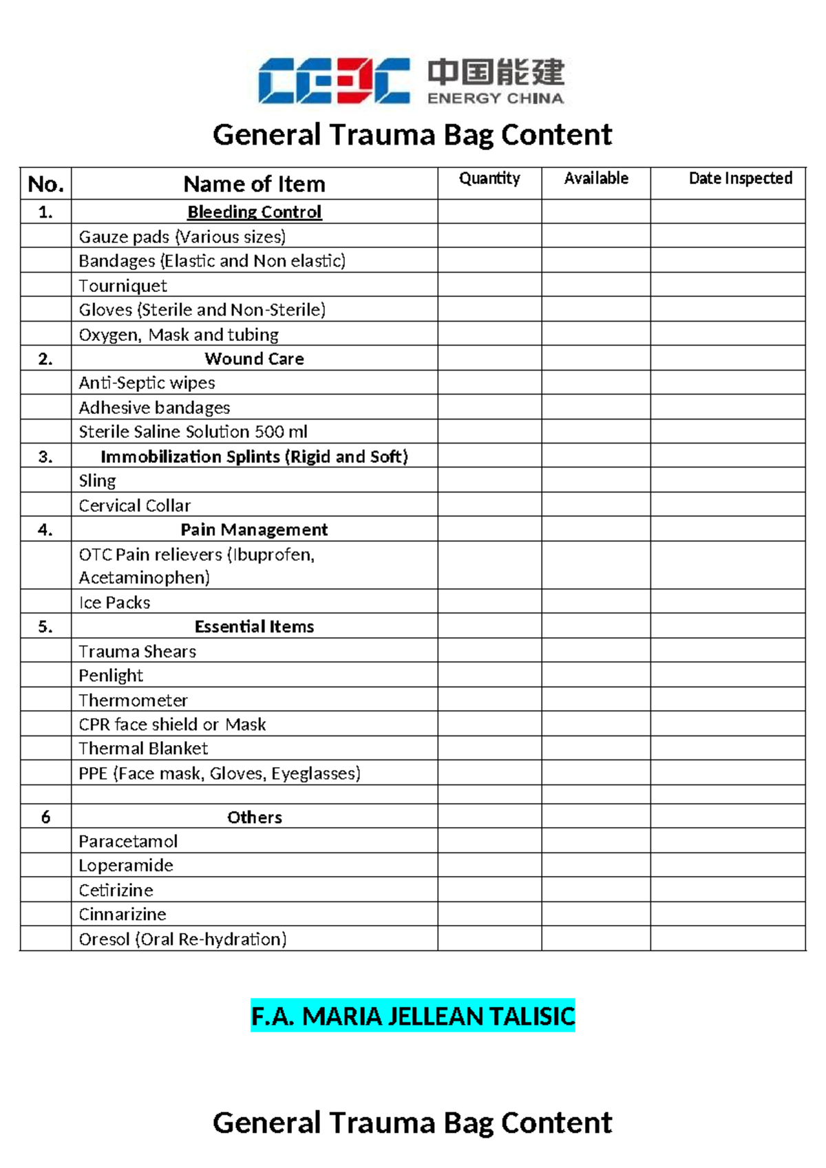 General Trauma Bag Content Overview and Item Checklist - Studocu