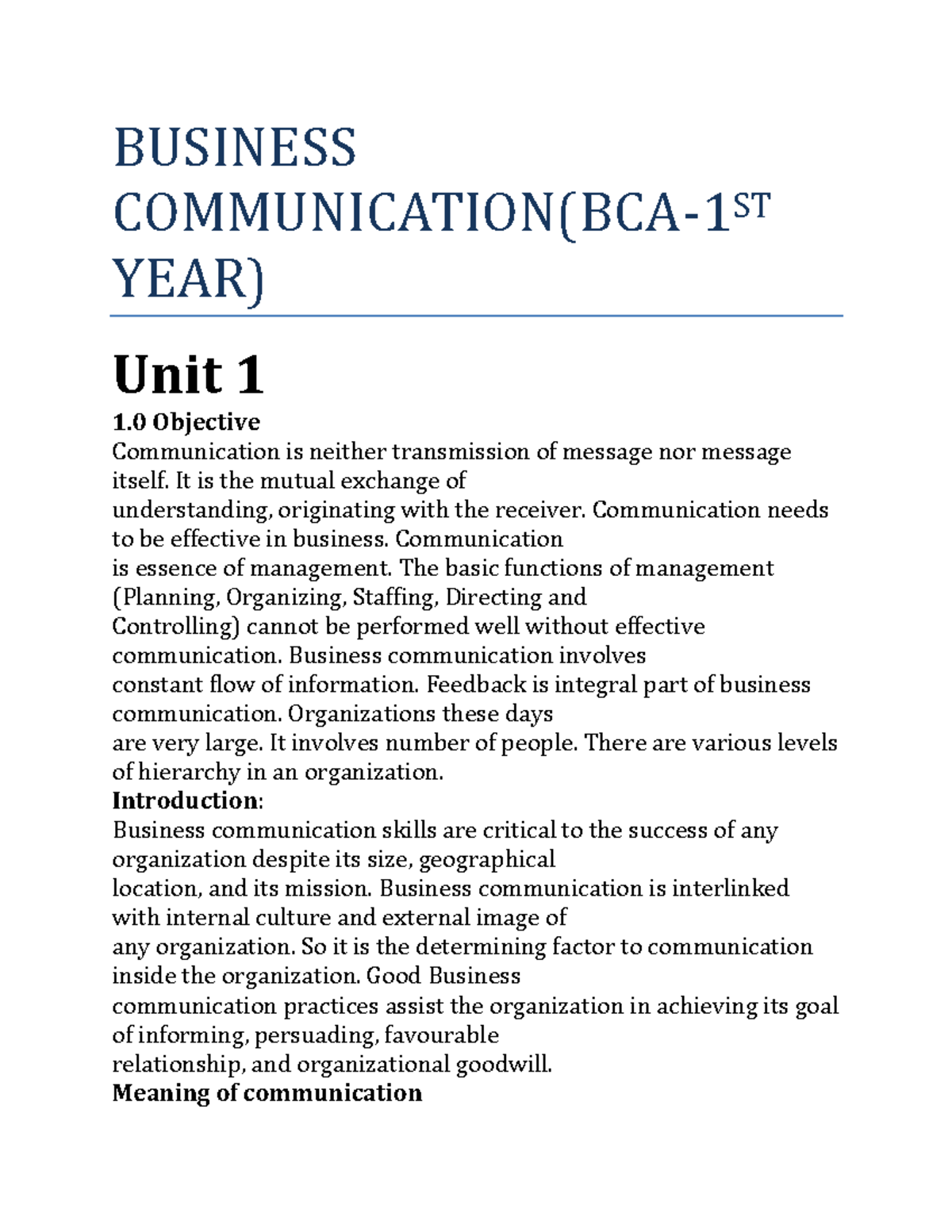 Business Communication unit 1 - BUSINESS COMMUNICATION(BCA- 1 ST YEAR ...