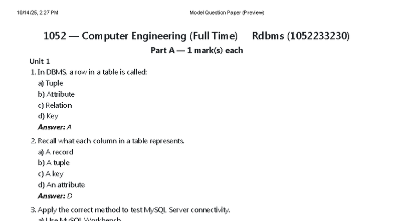 RDBMS (1052 233230) Model Question Paper - Computer Engineering - Studocu