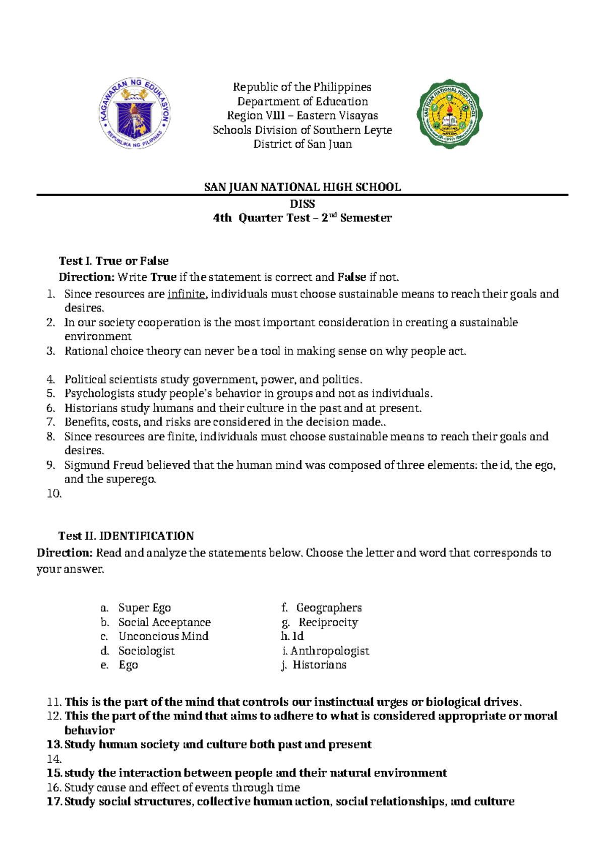 DISS 2025 4th Quarter Exam Review and Test Paper - Studocu