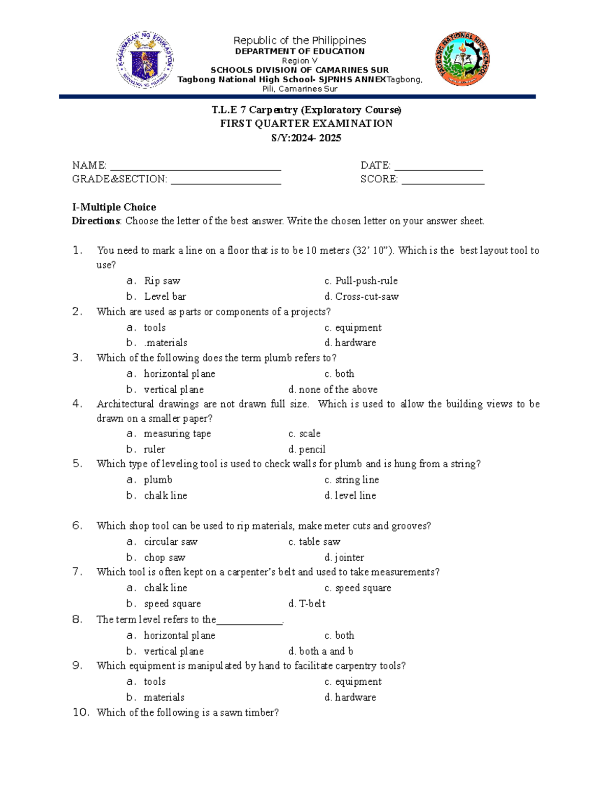 Carpentry 7 Q1 EXAM: Exploratory Course Assessment S/Y 2024-25 - Studocu