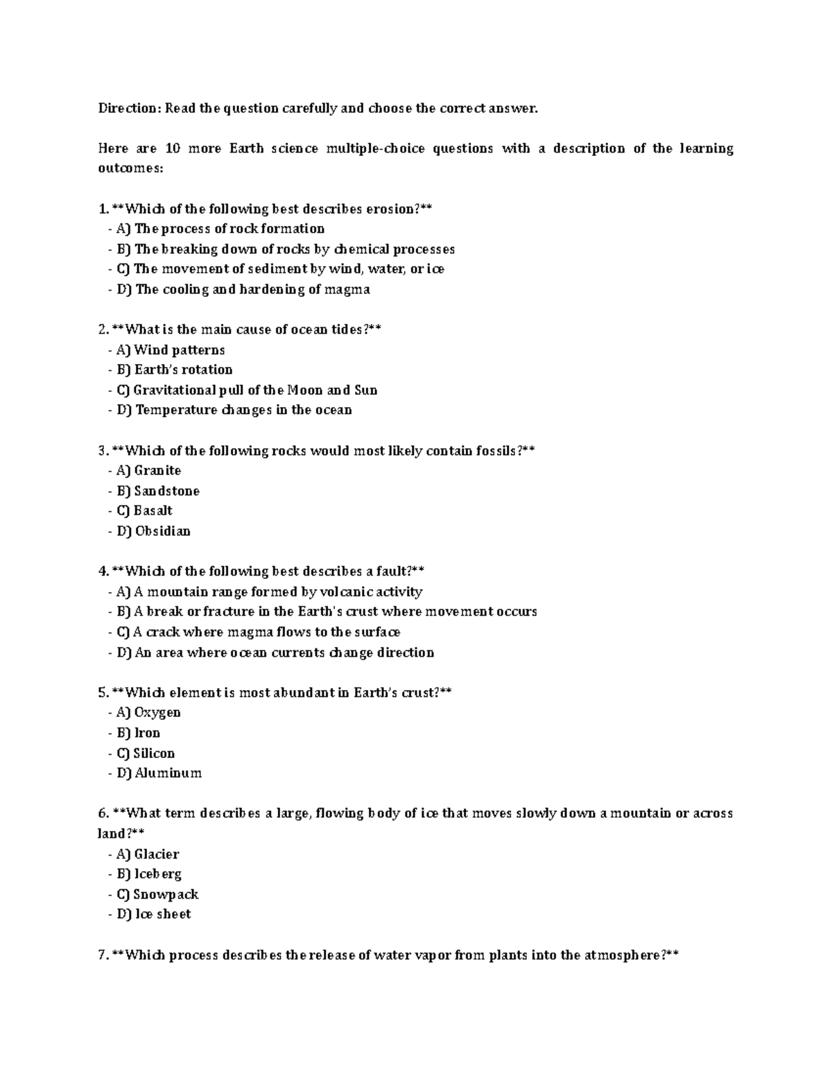 SAA6 - Earth Science Quiz: 10 Questions for Deeper Understanding - Studocu