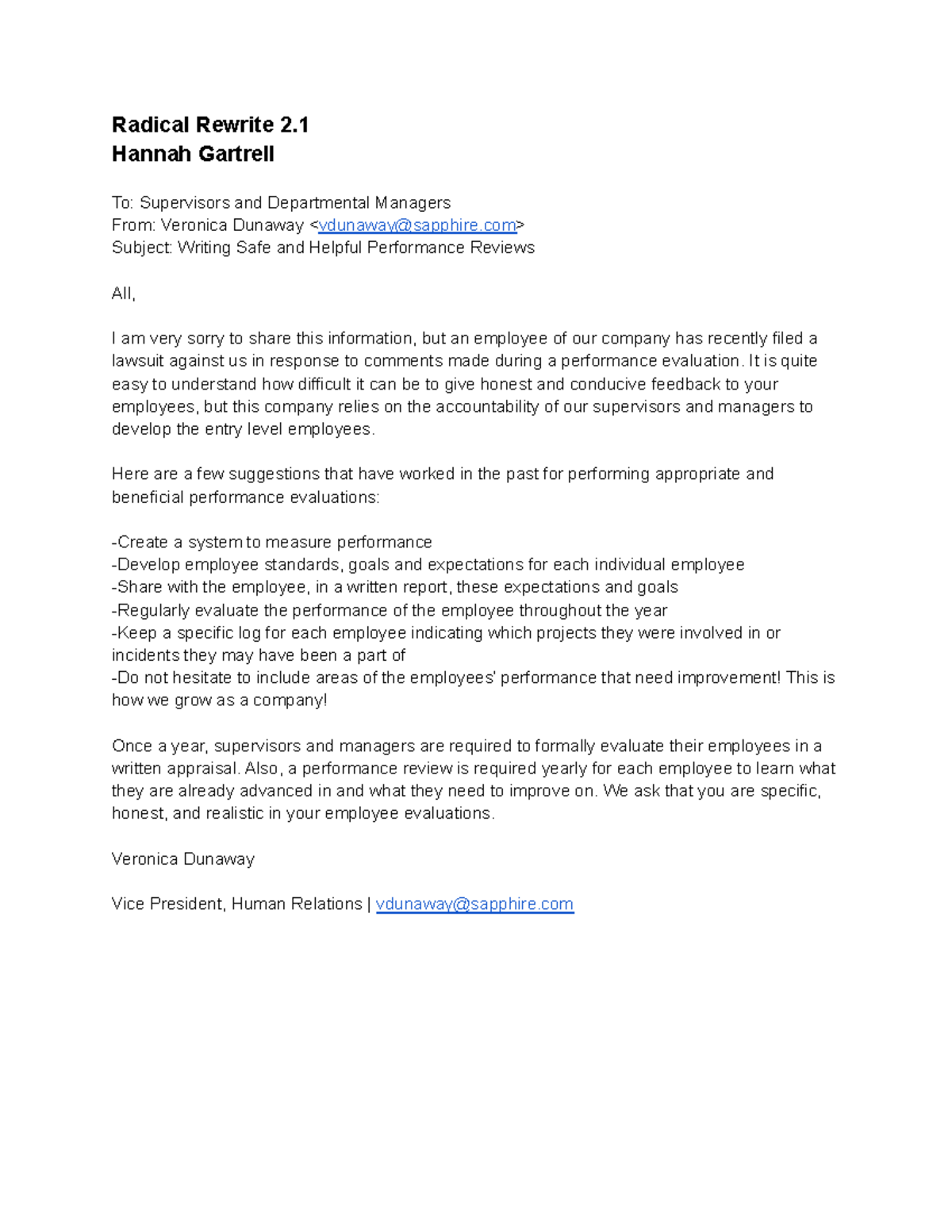 BUS260 Hw #2 - Writing Safe and Effective Performance Reviews - Studocu