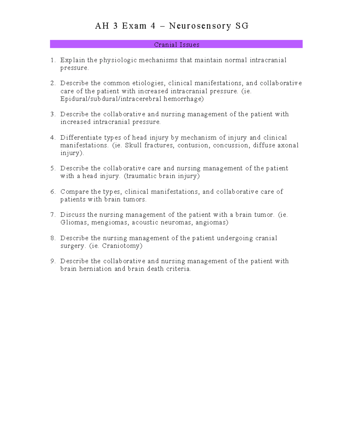 AH 3 Exam 4 Neurosensory & Musculoskeletal Study Guide - Studocu