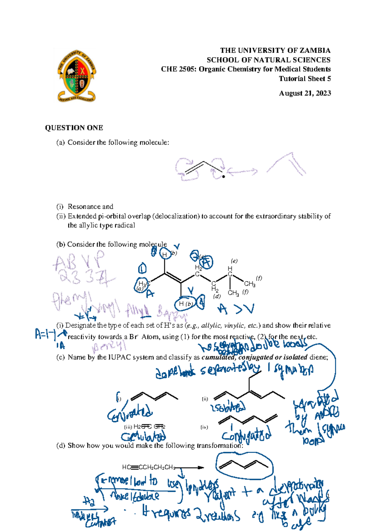 CHE 2105 Tutorialsheet 5- August 2023 (1)hbhj - THE UNIVERSITY OF ZAMBIA SCHOOL OF NATURAL ...