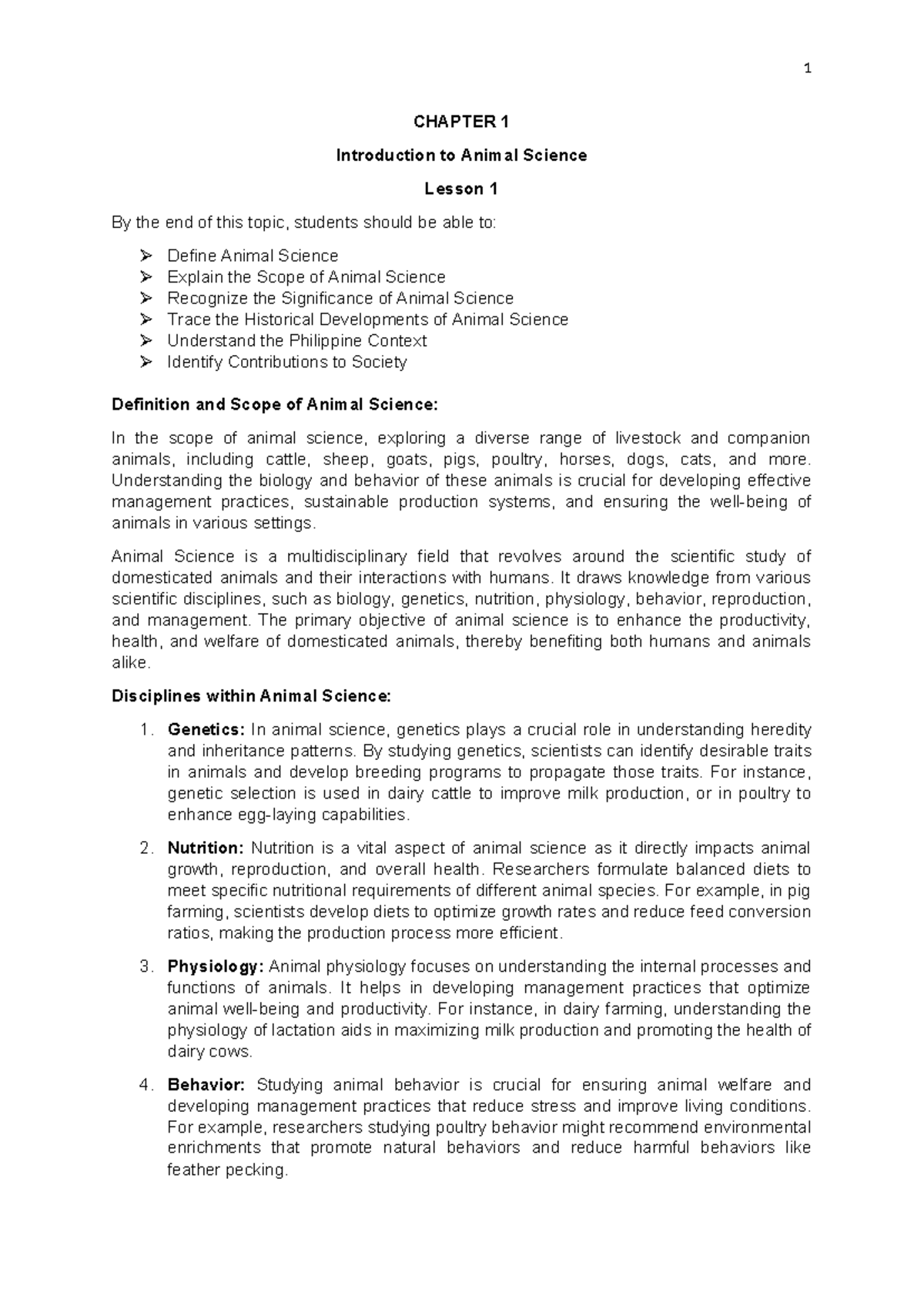 Chapter 1 GA 115 - Module - CHAPTER 1 Introduction to Animal Science ...