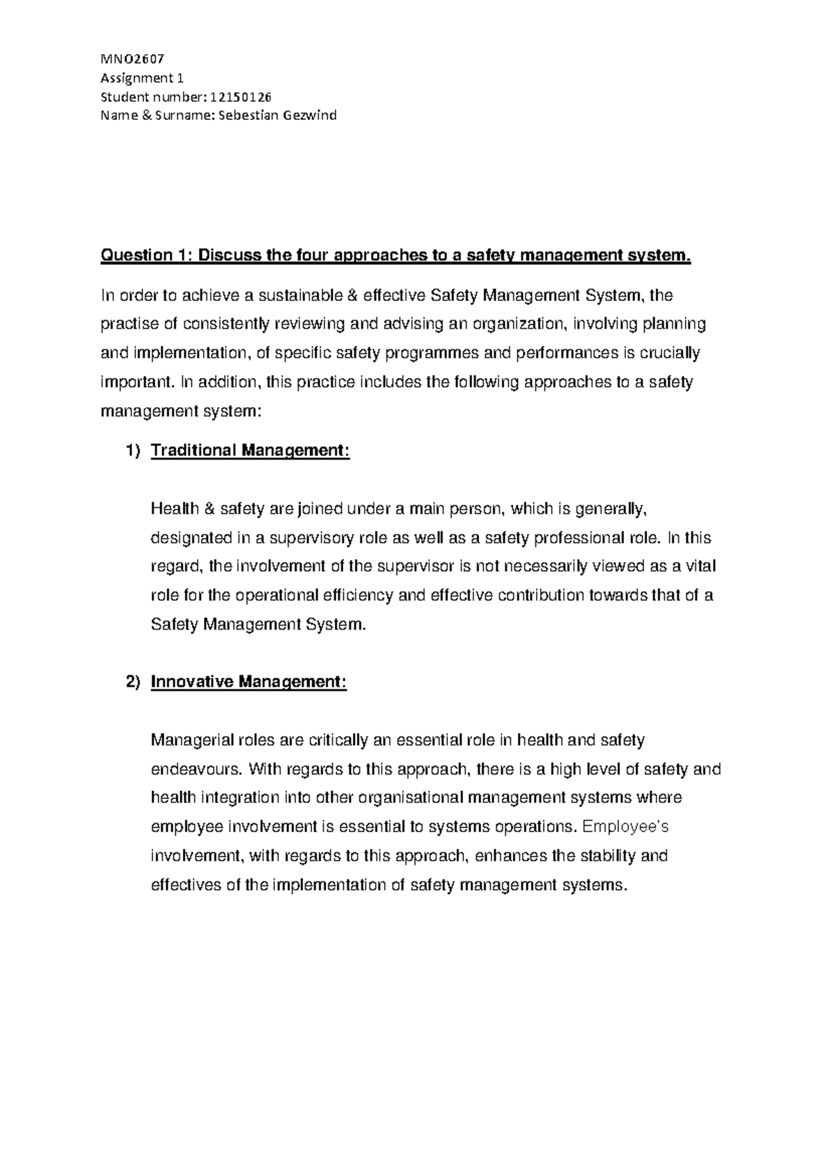 MNO2607 Assignment 1: Approaches to Safety Management Systems - Studocu