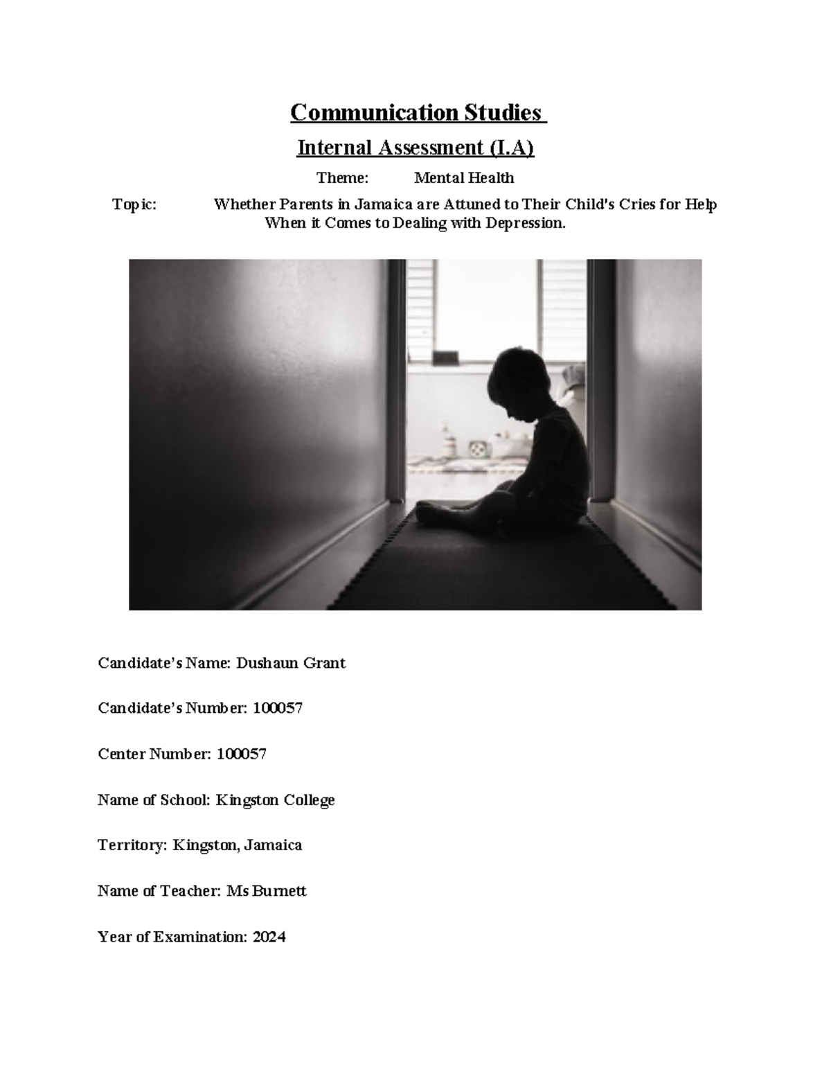 Communication Studies IA 2: Parental Awareness of Child Depression in ...