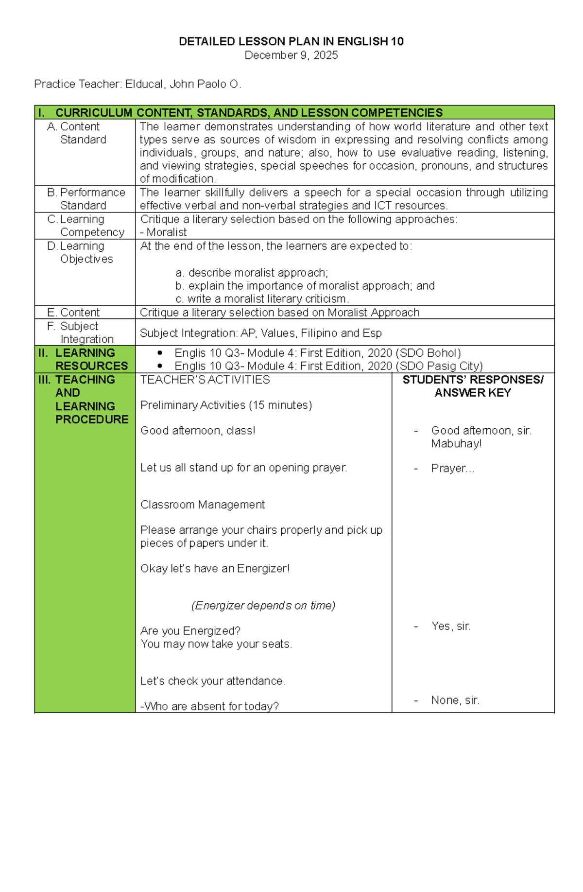 DETAILED LESSON PLAN IN ENGLISH 10: MORALIST APPROACH - Studocu