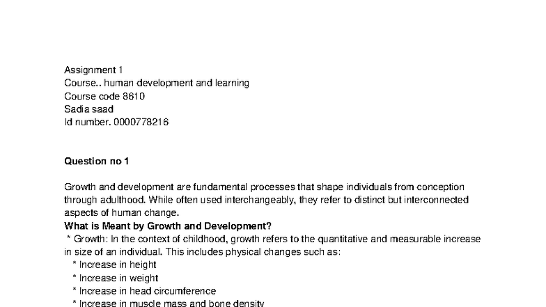 Human Development & Learning Assignment 1 (Course Code 8610) - Studocu