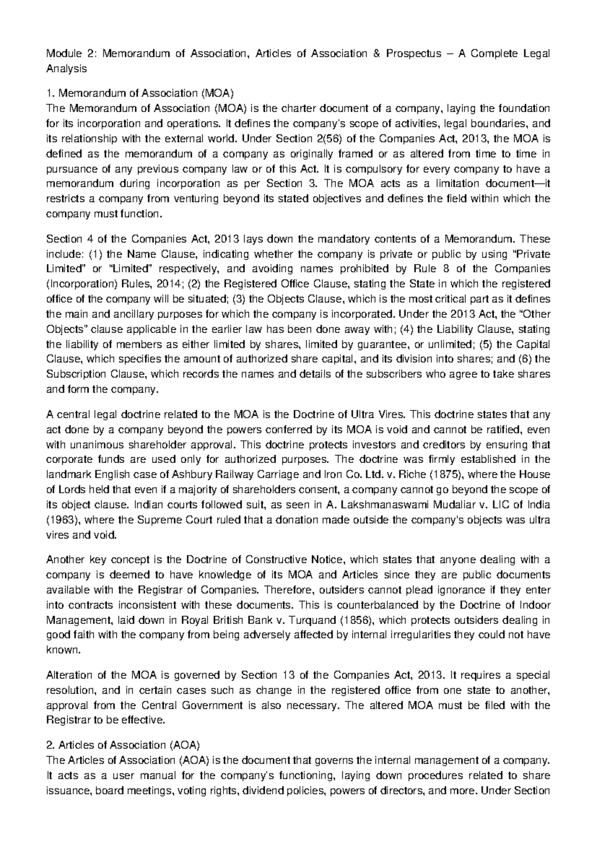 Module 2: Legal Analysis of MOA, AOA & Prospectus in Company Law - Studocu