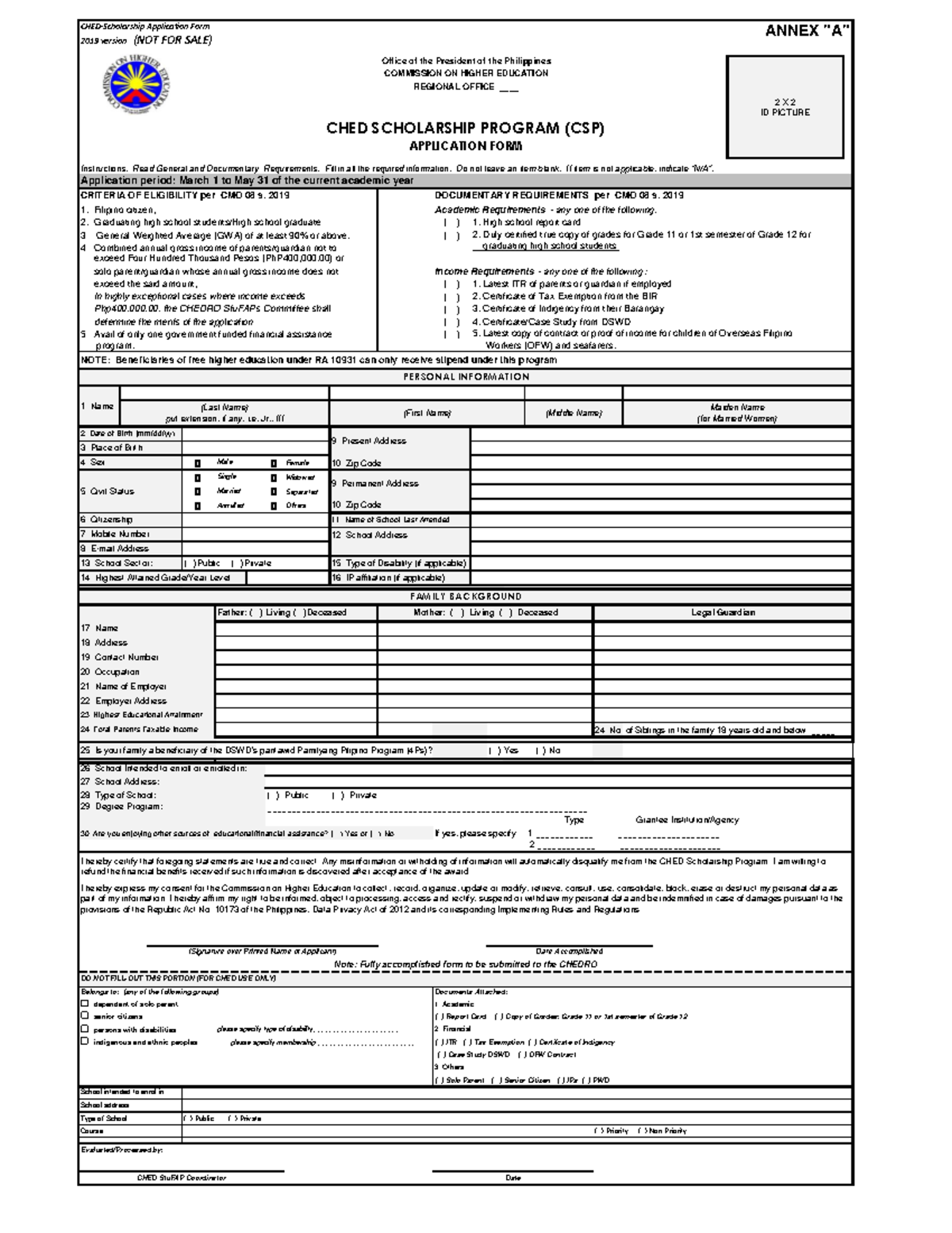 CHED Scholarship Program Application Form (2019 Version) - Studocu