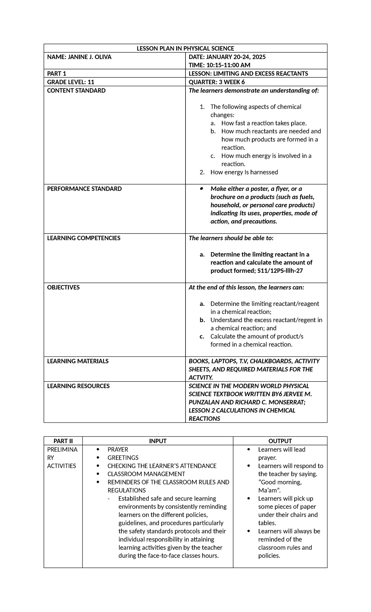G11 - Q3 W6 Lesson Plan: Limiting and Excess Reactants in Physical ...