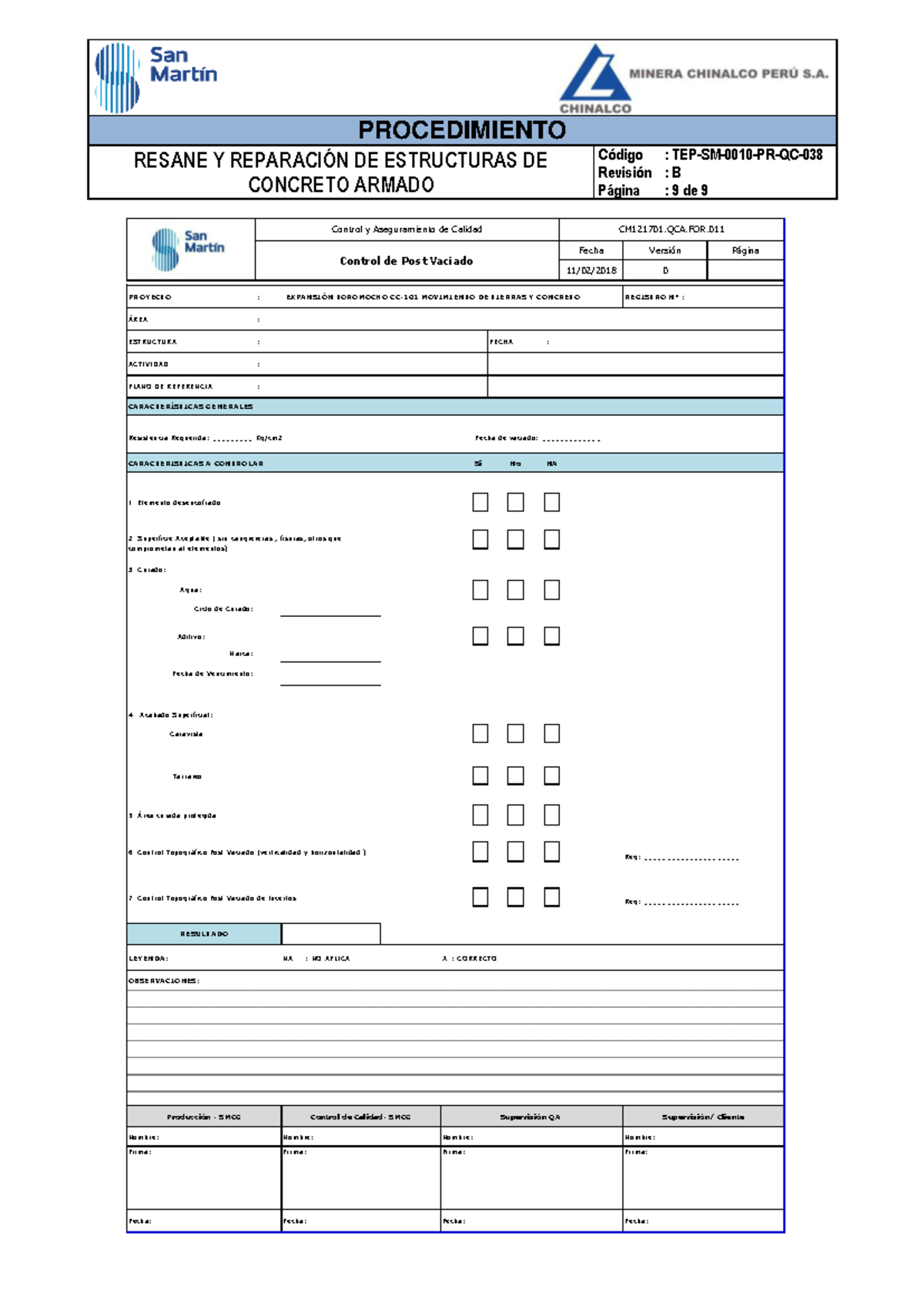 Formato PARA Resane DE Placa DE Concreto - PROCEDIMIENTO RESANE Y ...