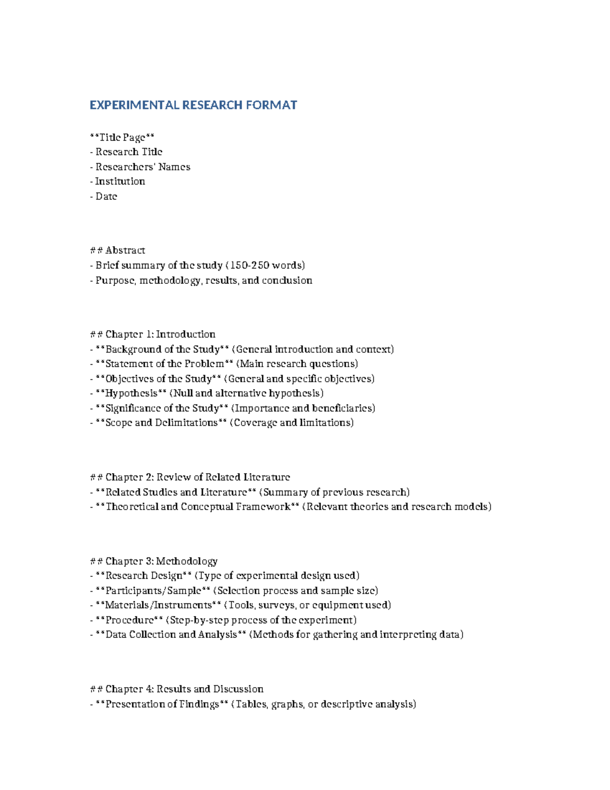 Experimental Research Format Guide for Academic Documents - Studocu
