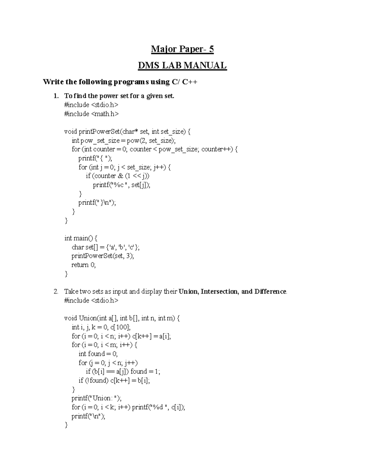 DMS 5 Discrete Mathematics Lab Manual: Set Operations & Functions - Studocu