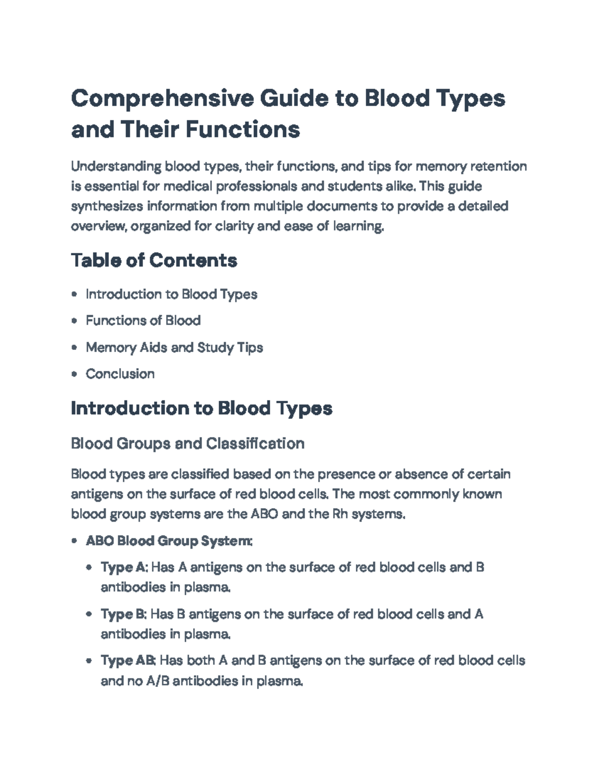 Comprehensive Guide to Blood Types and Their Functions (BIO101 ...
