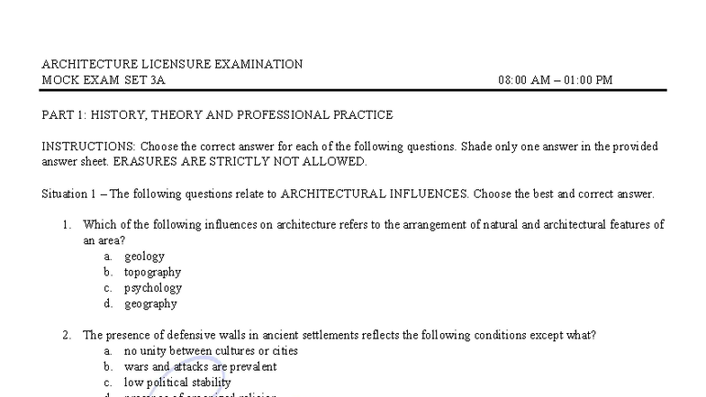 ARCHITECTURE LICENSURE EXAM MOCK EXAM SET 3A - PART 1 ANSWER KEY - Studocu