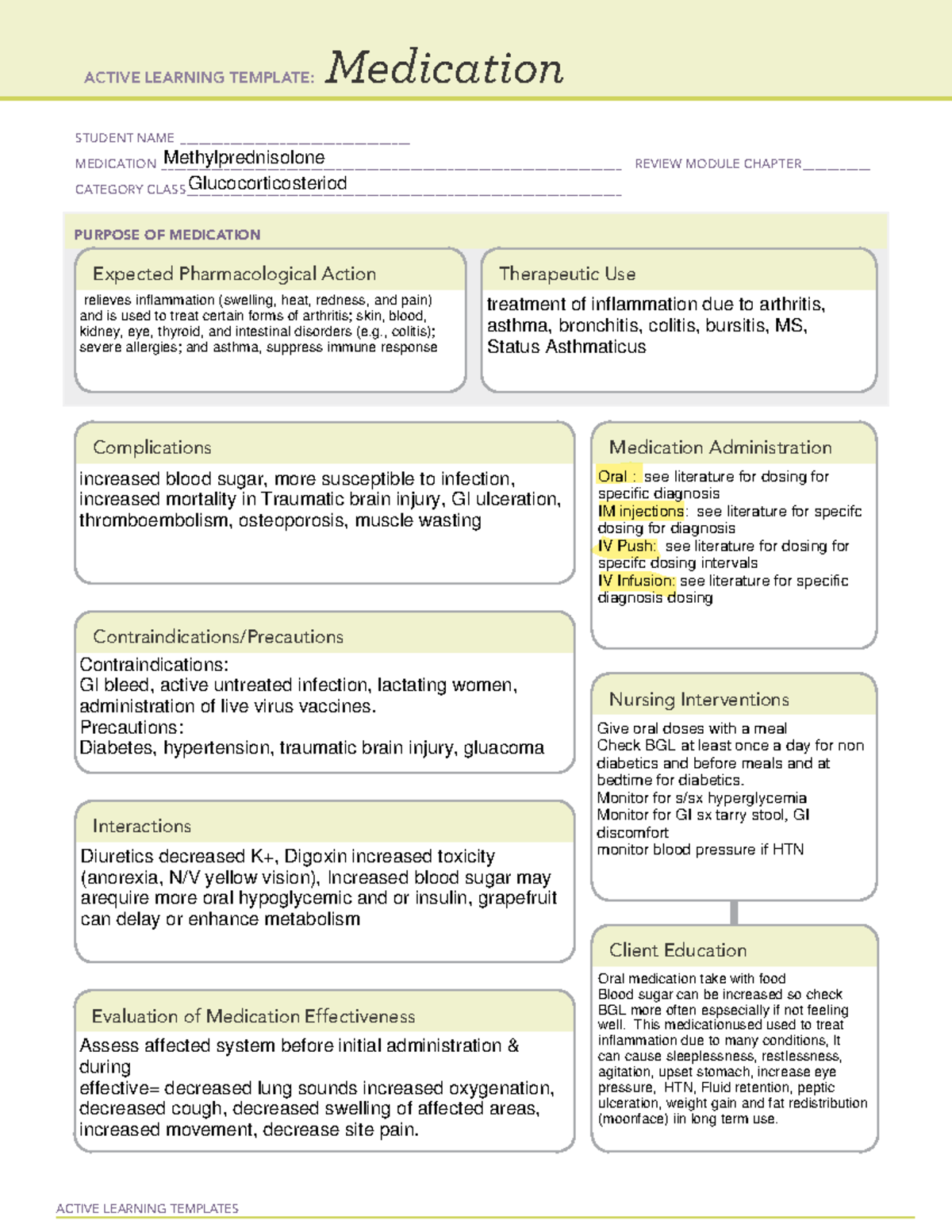 Methylprednisolone ATI Medication Template - Active Learning Guidelines ...