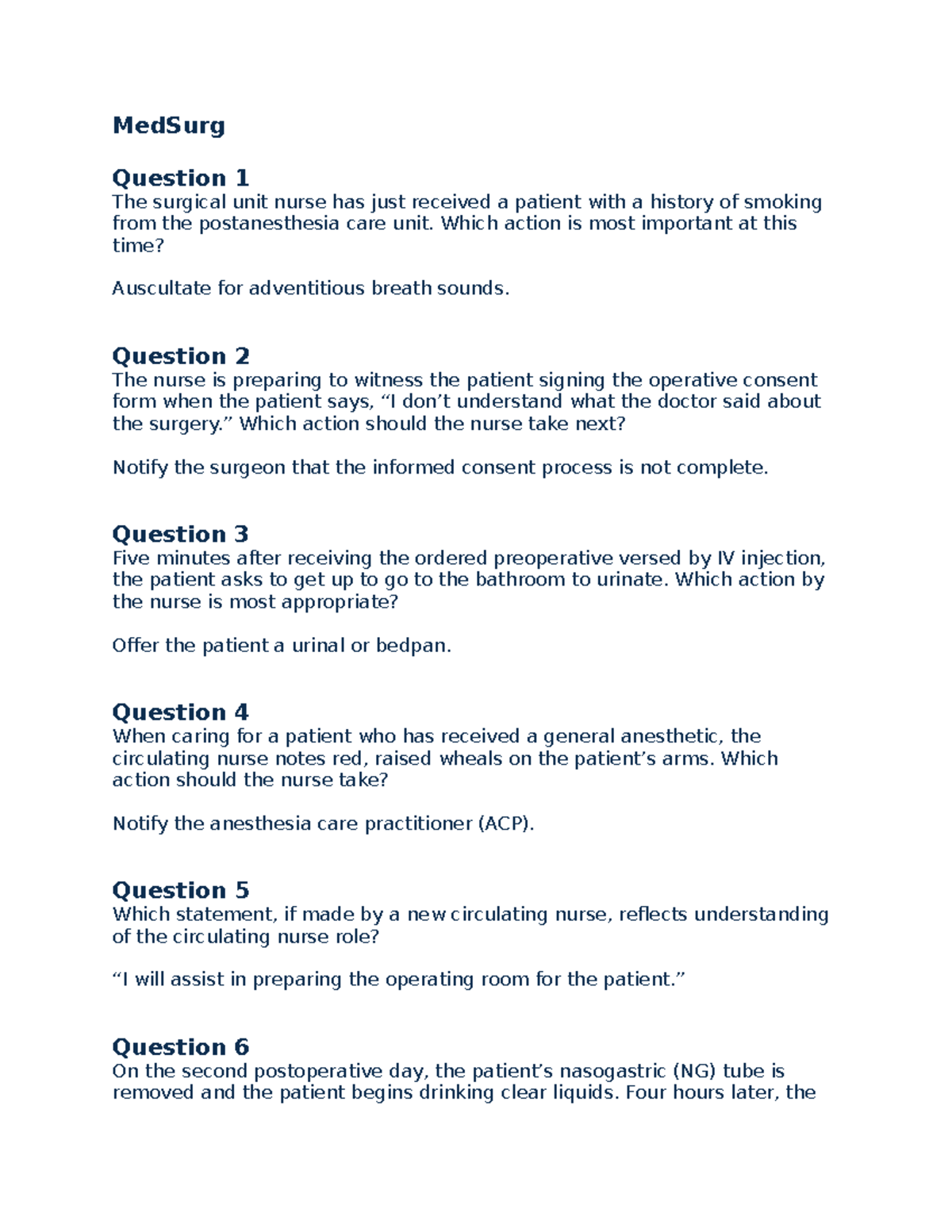 MedSurg Nursing Practice Quiz 1: Key Questions and Answers - Studocu