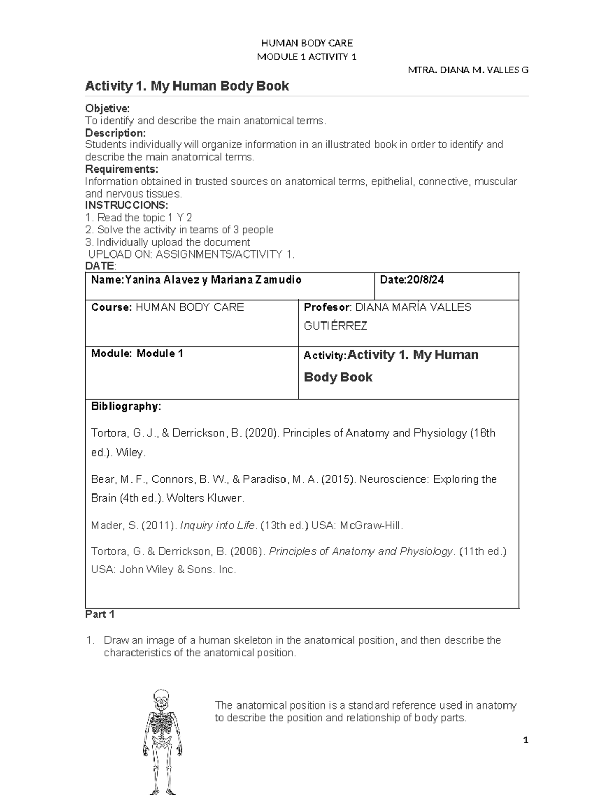 Activity 1: My Human Body Book - Anatomical Terms and Tissues (HUMAN ...