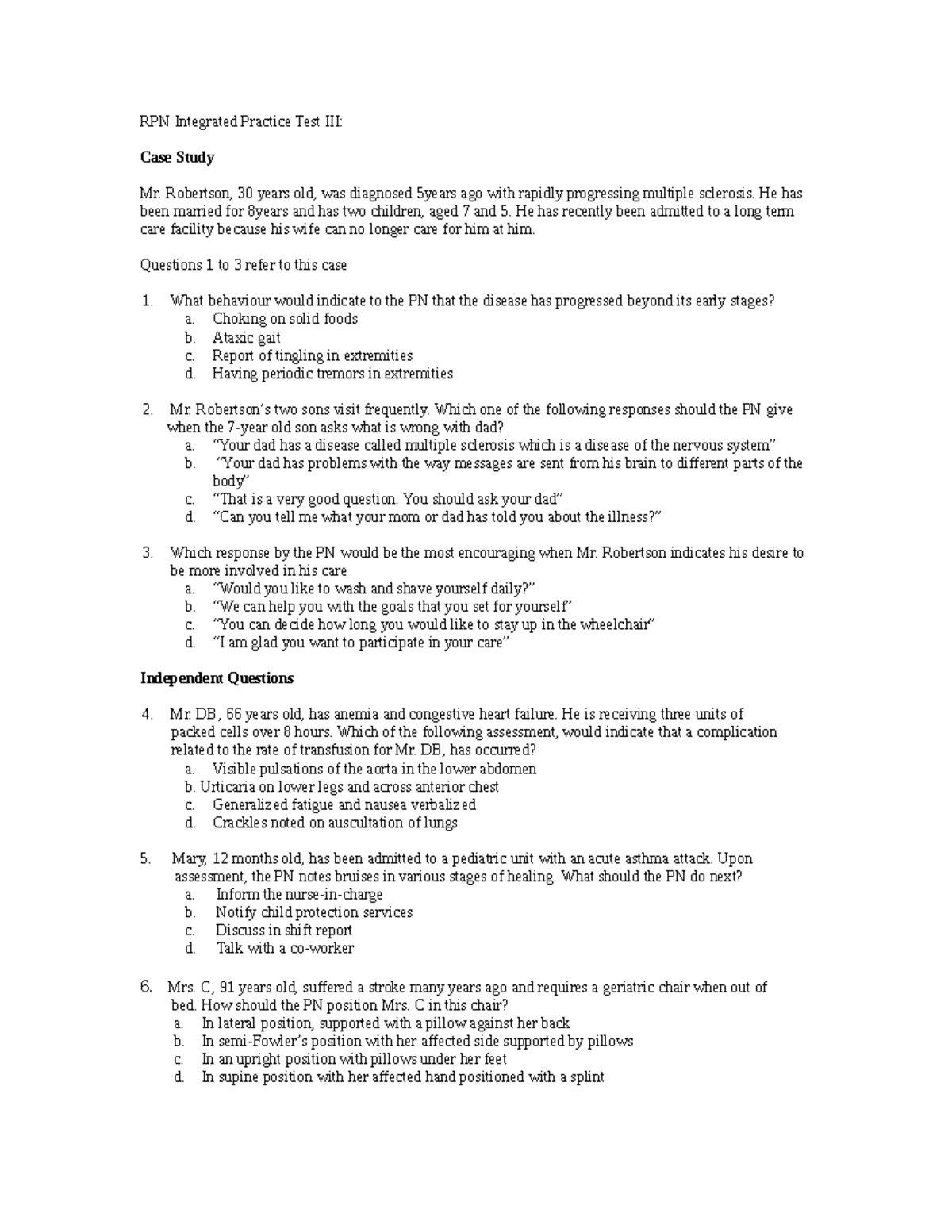 RPN Integrated Practice Test III: Case Study and Questions - Studocu