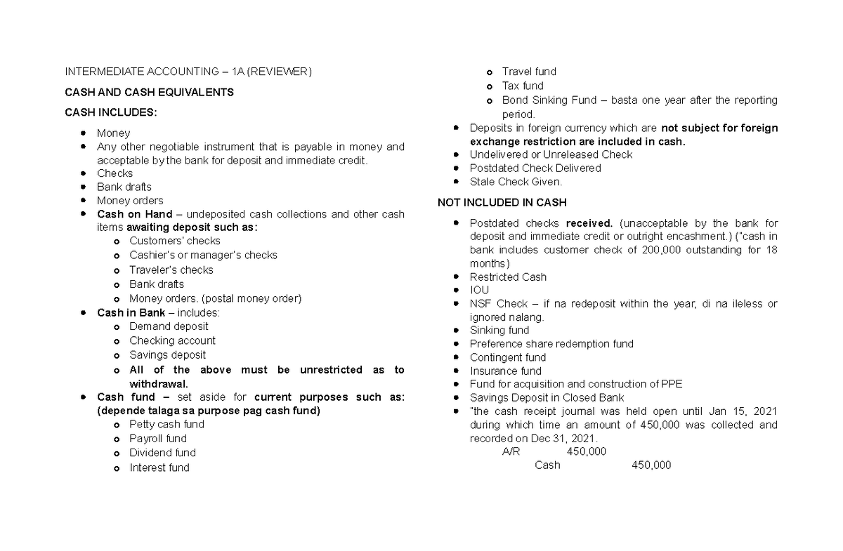 INTACC 1A Lecture Notes: Cash and Cash Equivalents Concepts - Studocu
